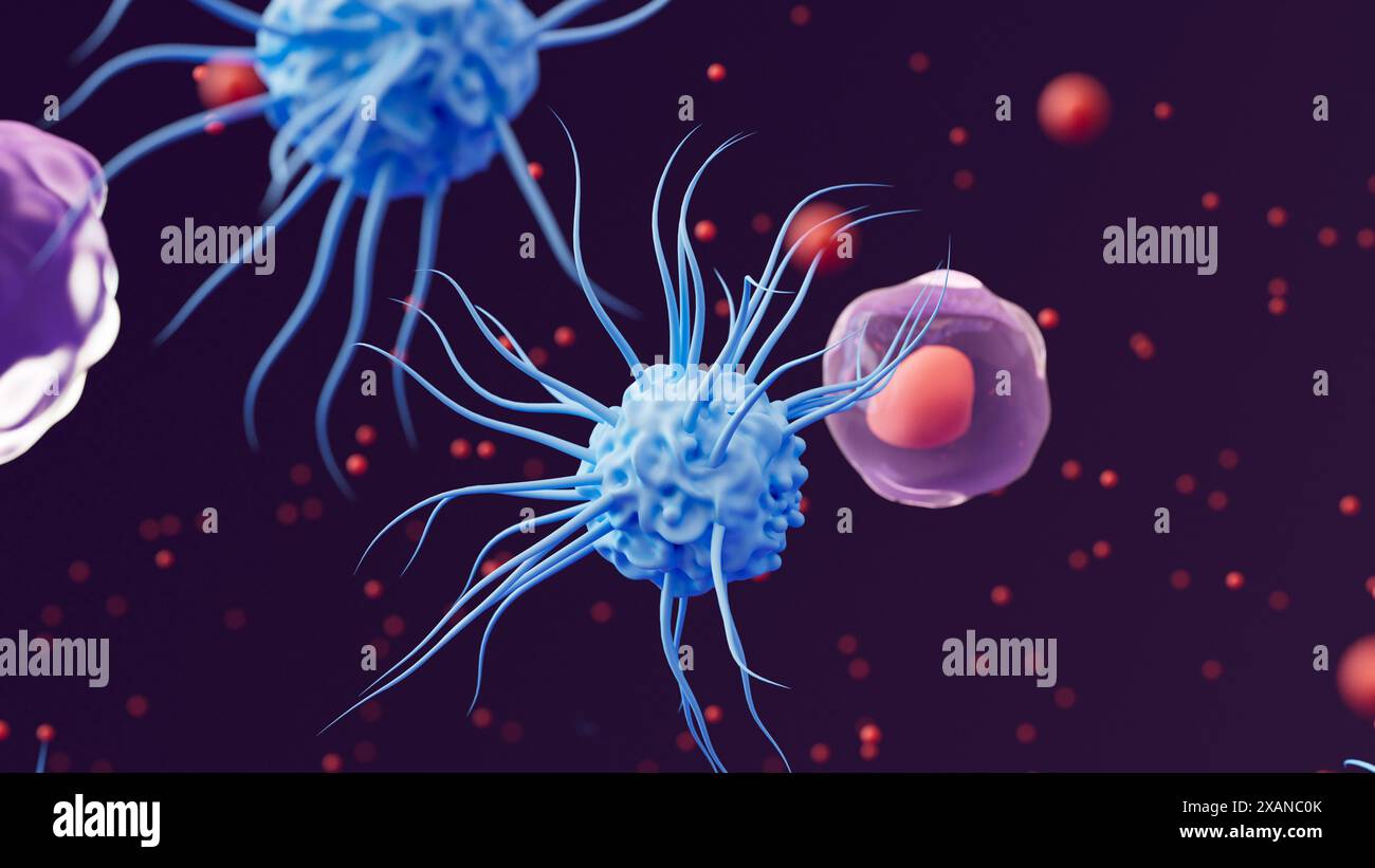 Illustration of signal proteins called cytokines (red dots) and three ...
