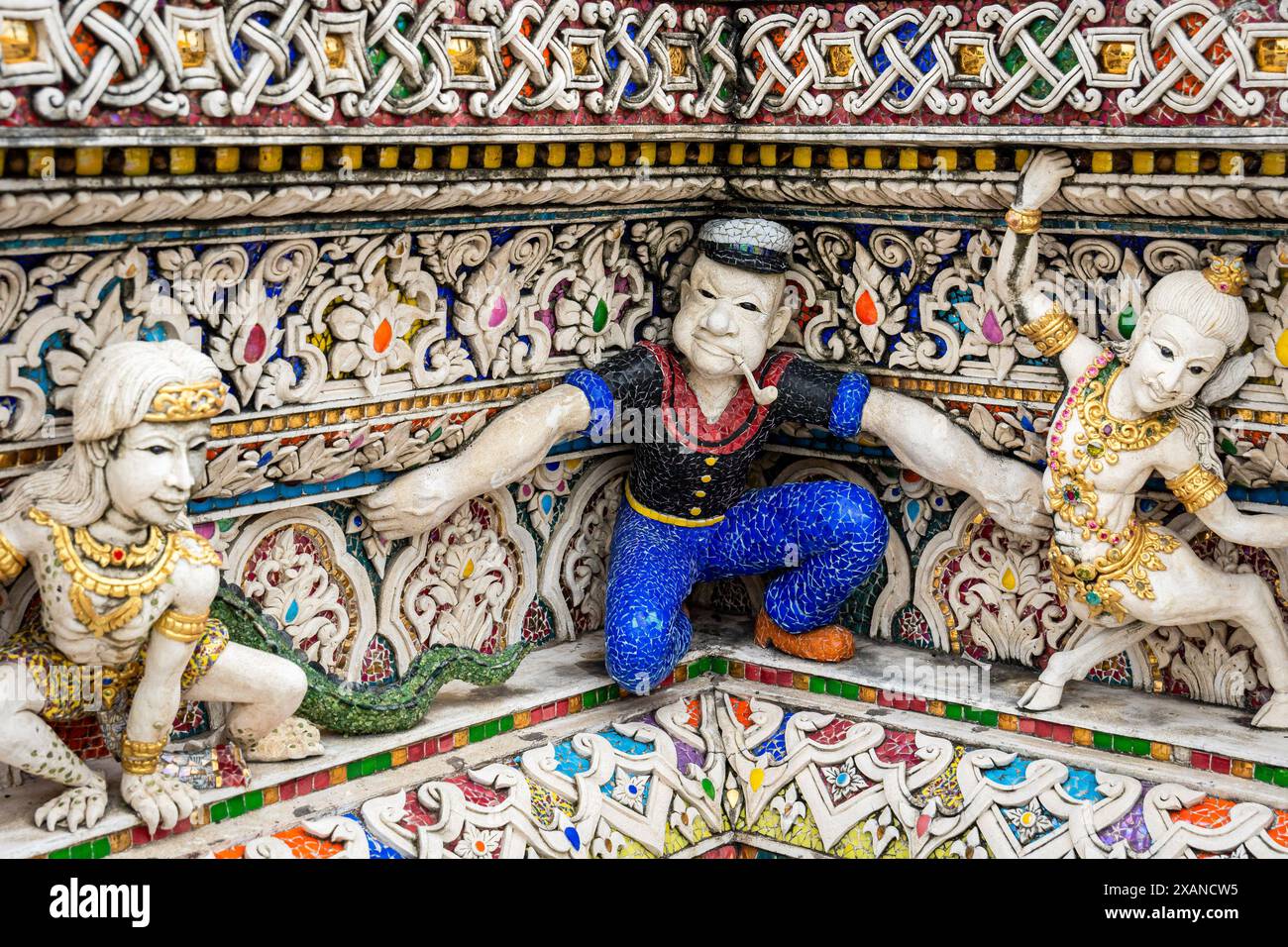 Temple carving of Popeye, at Wat Pariwat Temple. The temple Wat Pariwat ...