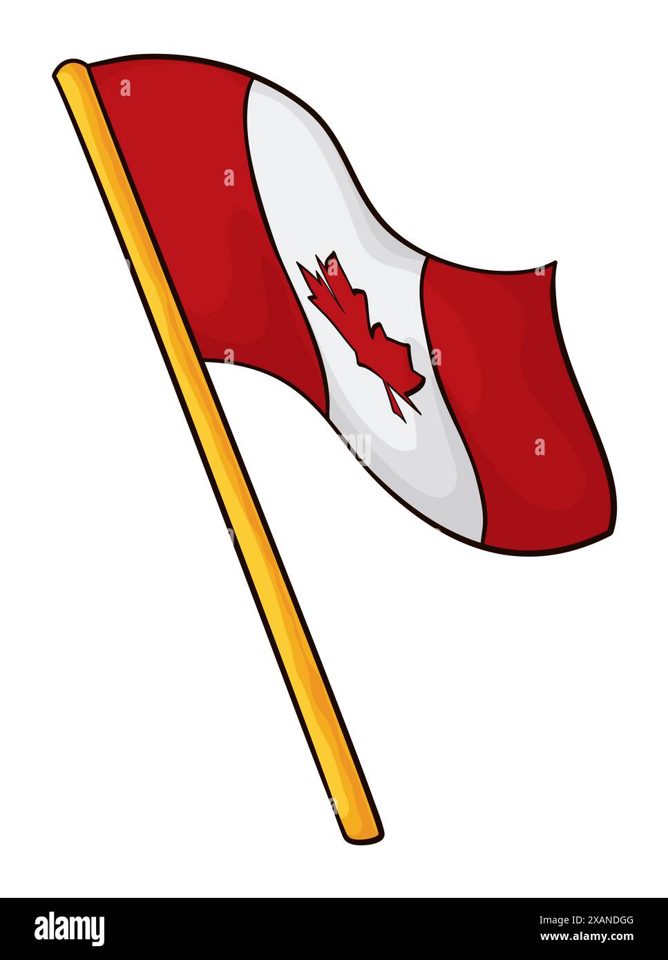Canadian flag isolated hoisted on golden flagpole in cartoon style ...