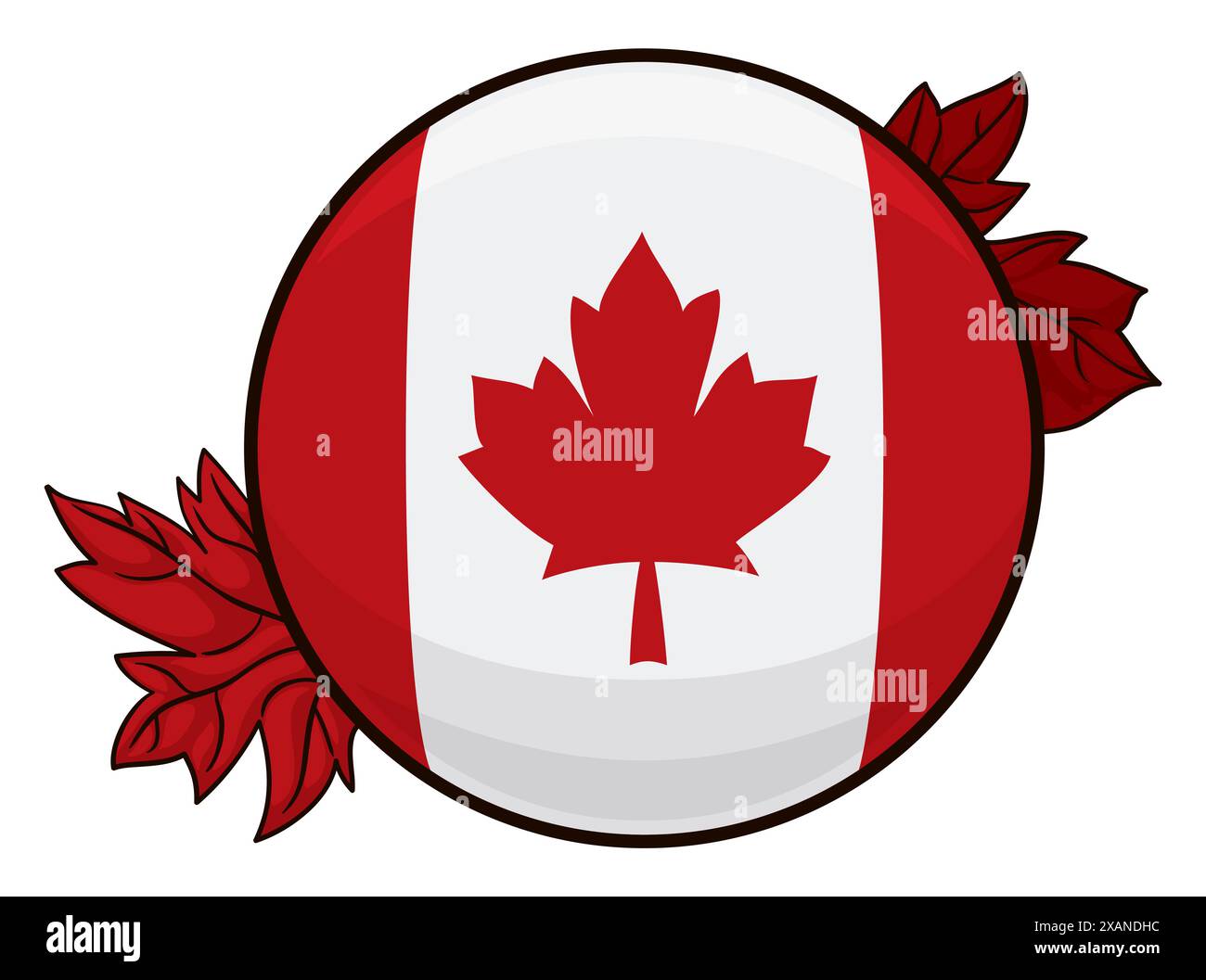 Shiny button with the Canadian flag inside and red maple leaves in ...