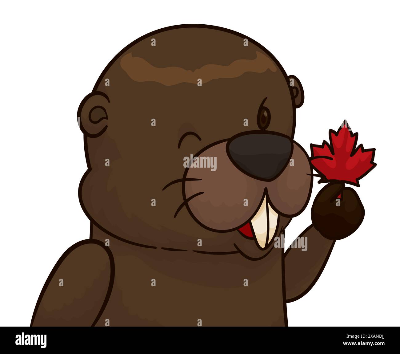 Close-up portrait of a cute beaver holding a maple leaf. Cartoon style ...