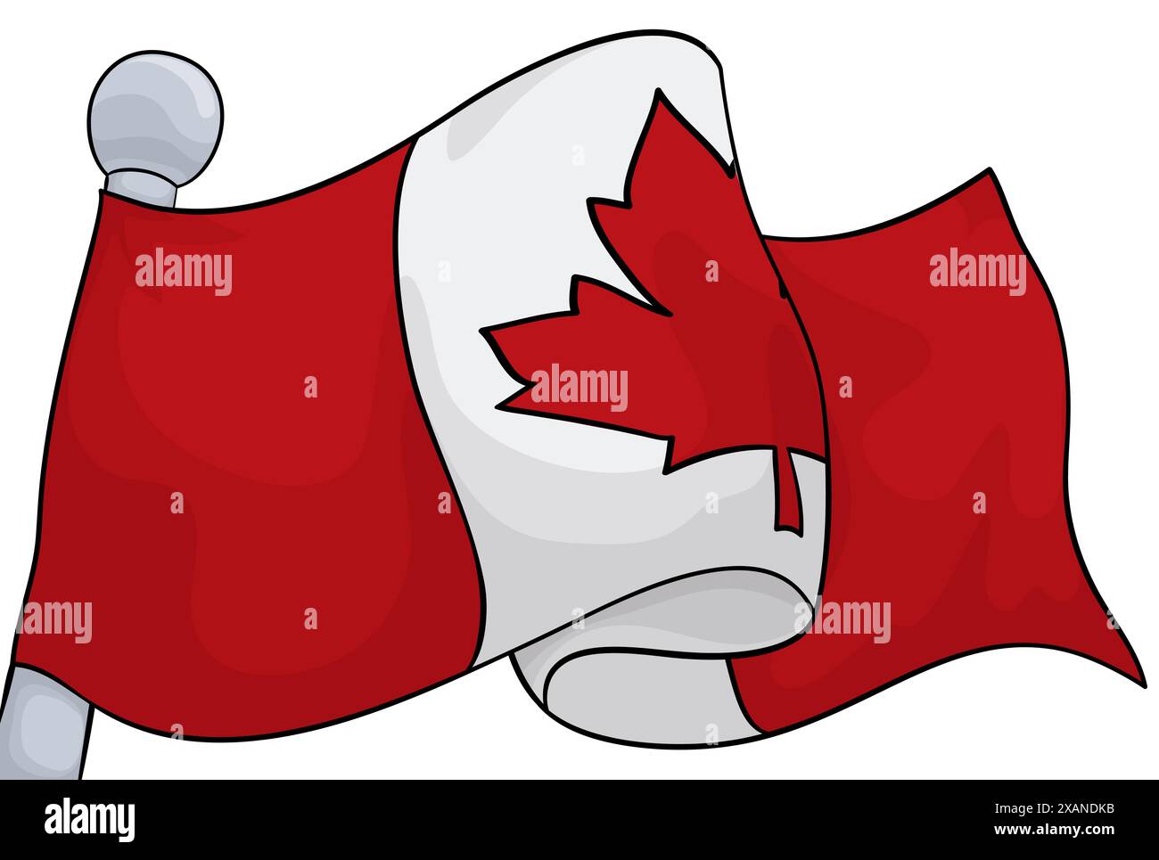 Waving flag of Canada hoisted on a silver flagpole in cartoon style ...