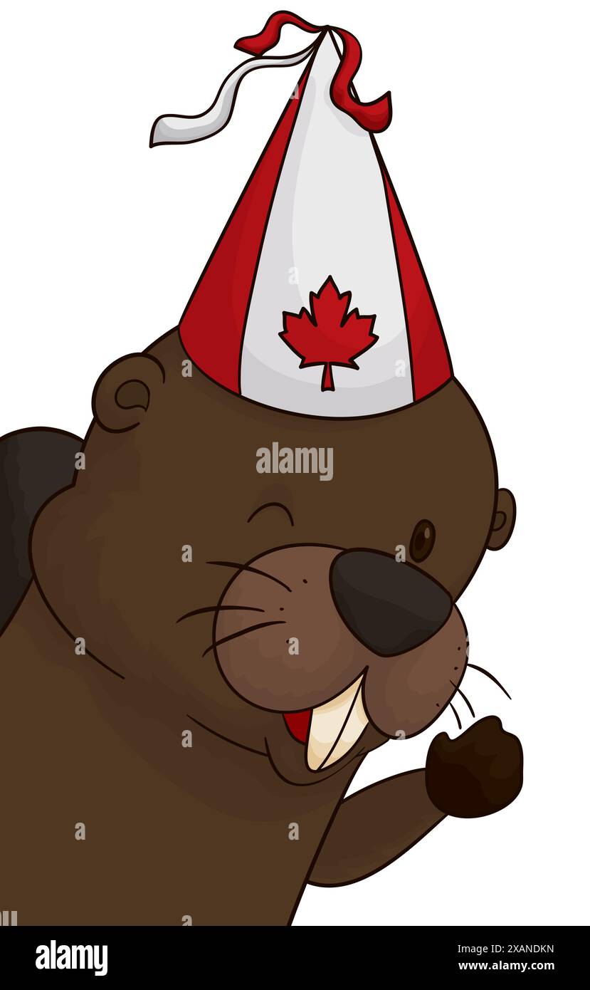 Winking beaver with party hat decorated with maple leaf and colors of ...