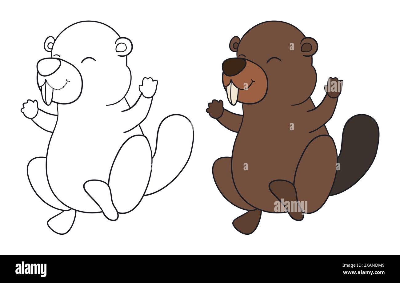 Cute and happy beaver in outlines and color version to coloring ...