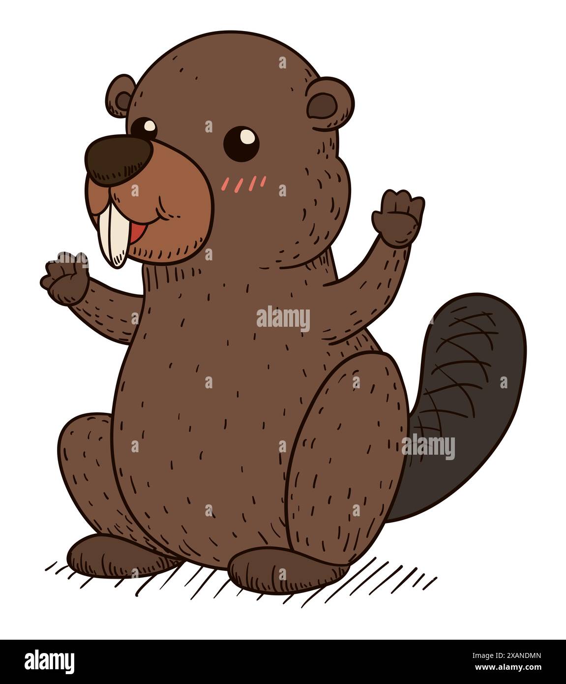 Cute beaver standing with hands up waving you in doodle style Stock ...