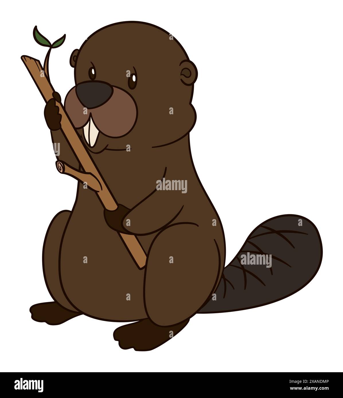 Cute beaver standing and holding a branch with leaves. Design in ...