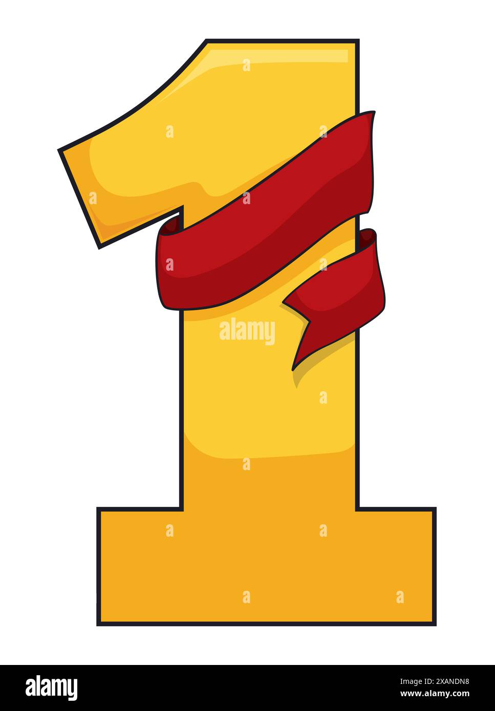 Giant golden number one, wrapped with red ribbon template in cartoon ...