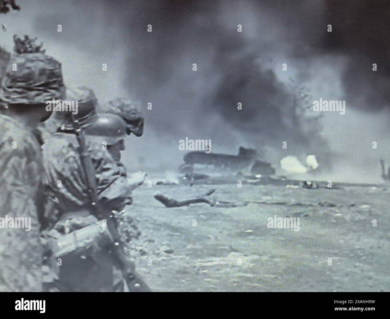 World War Two B&W Screenshot Waffen SS troops watch burning Russian ...