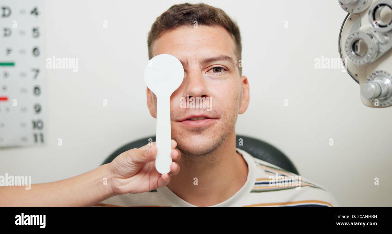 Cover, vision and man in portrait for eye exam, optometrist and test ...