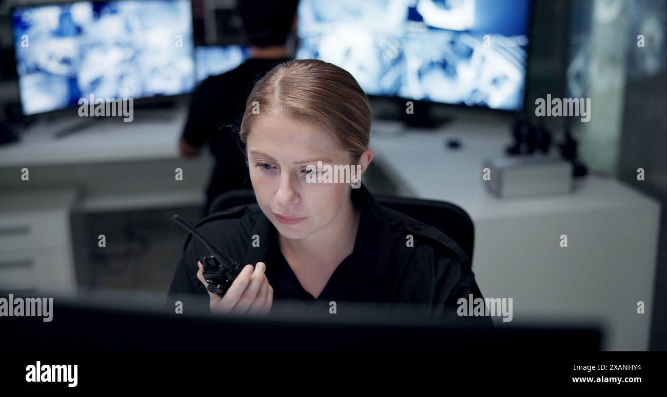 CCTV, radio and security with woman in control room for law enforcement ...