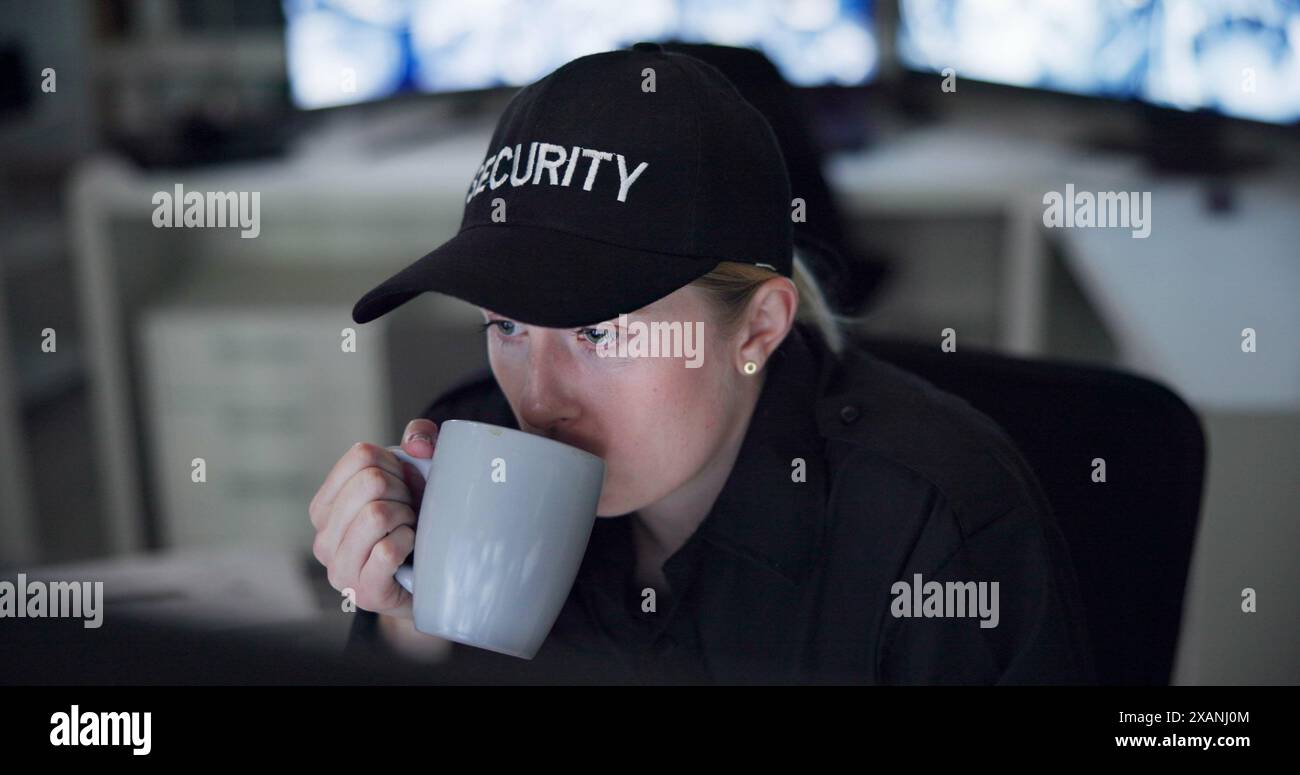 Woman, security and coffee in control room for protection, surveillance ...
