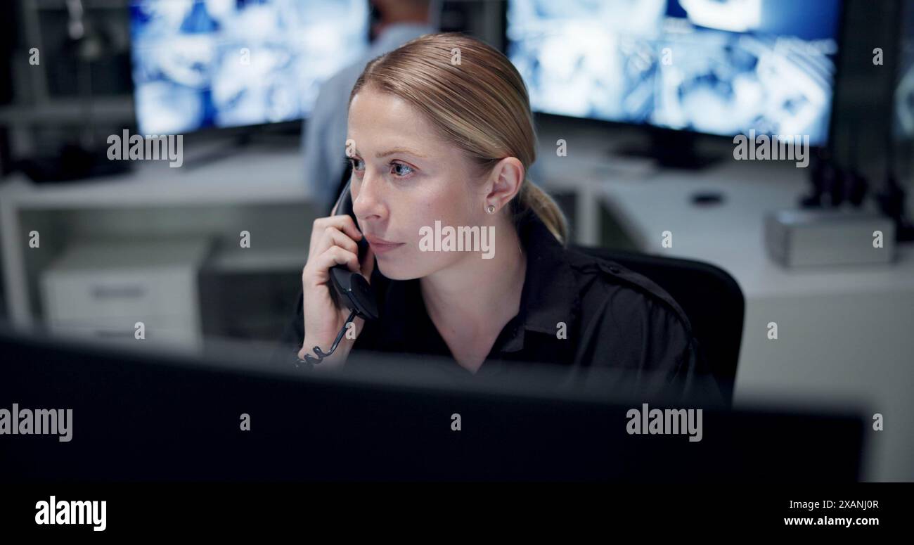 Control room, telephone and calling with woman, security guard and ...