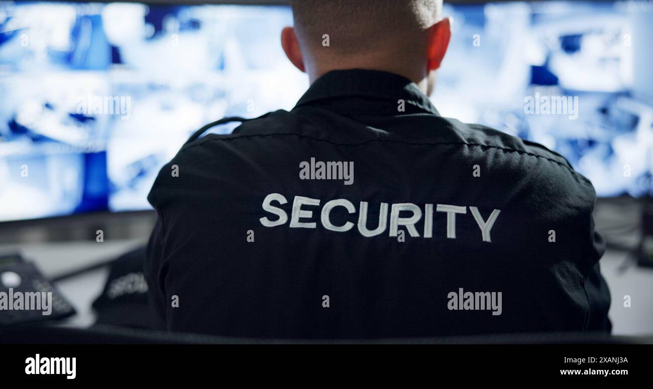 Security guard, computer screen and watch by cctv monitor for ...