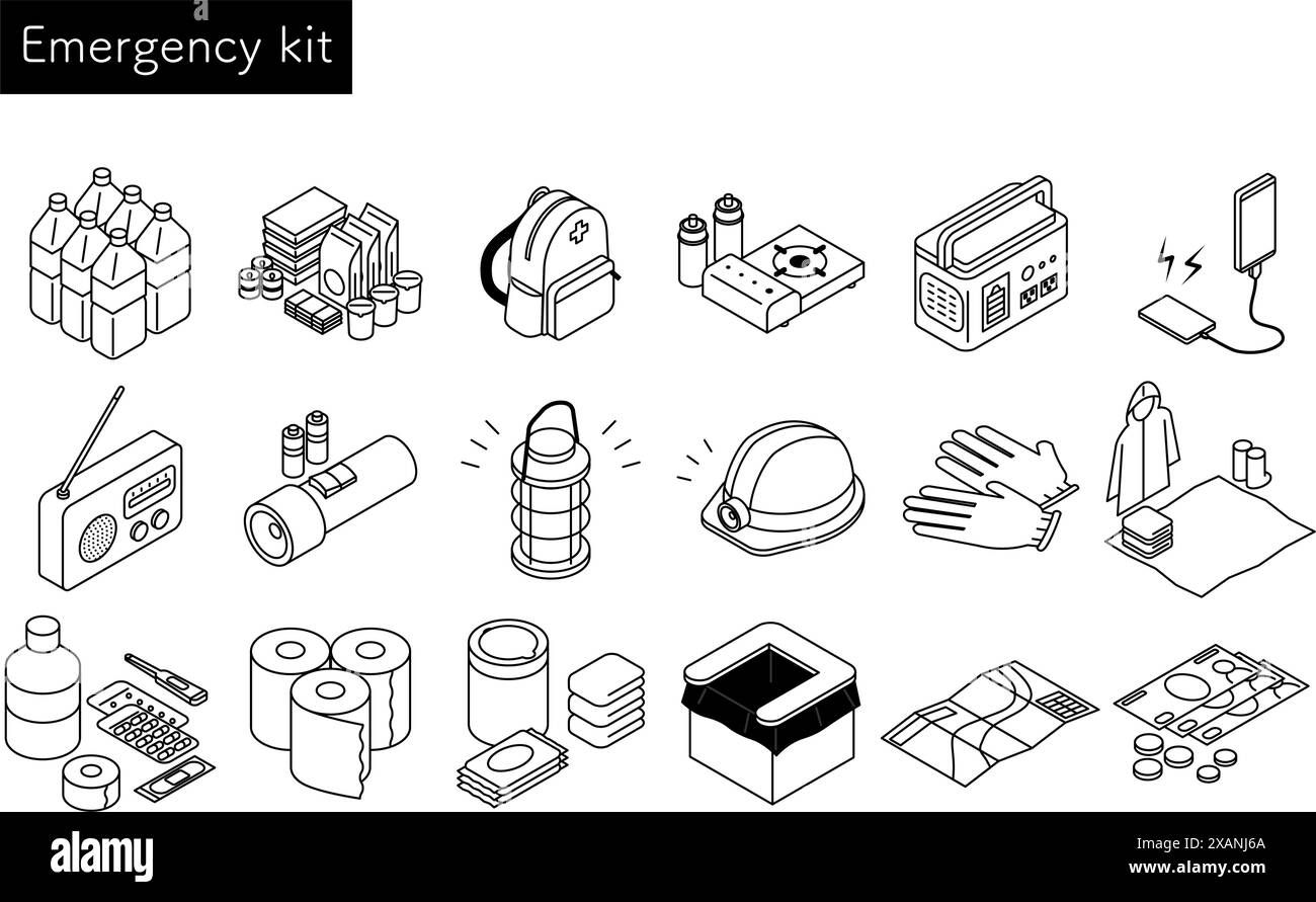 Simple line drawing of emergency kit, isometric illustration set ...