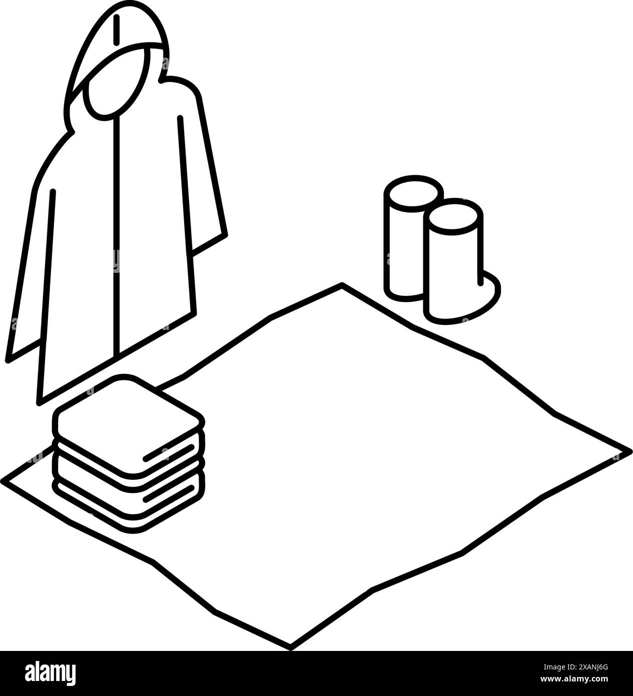 Simple line drawing of emergency kit, Rain gear (raincoat and boots ...