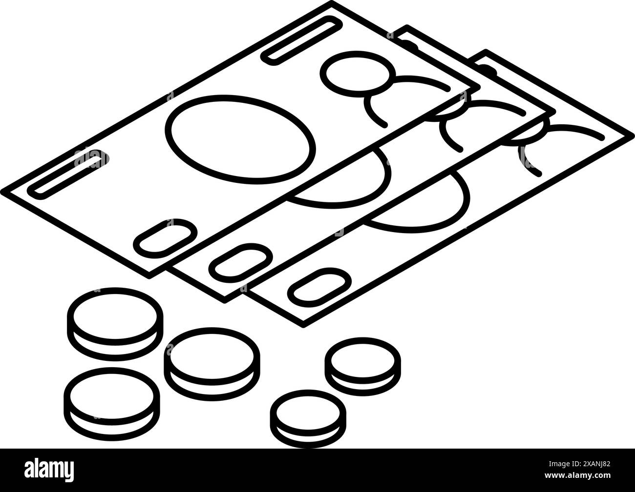 Simple line drawing of emergency kit, cash(banknotes and coins ...
