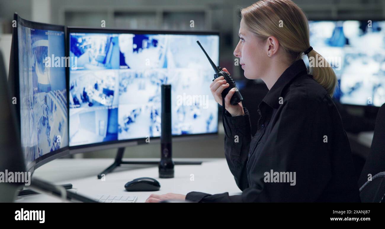 Watch, security and woman with radio, cctv and monitor for danger ...