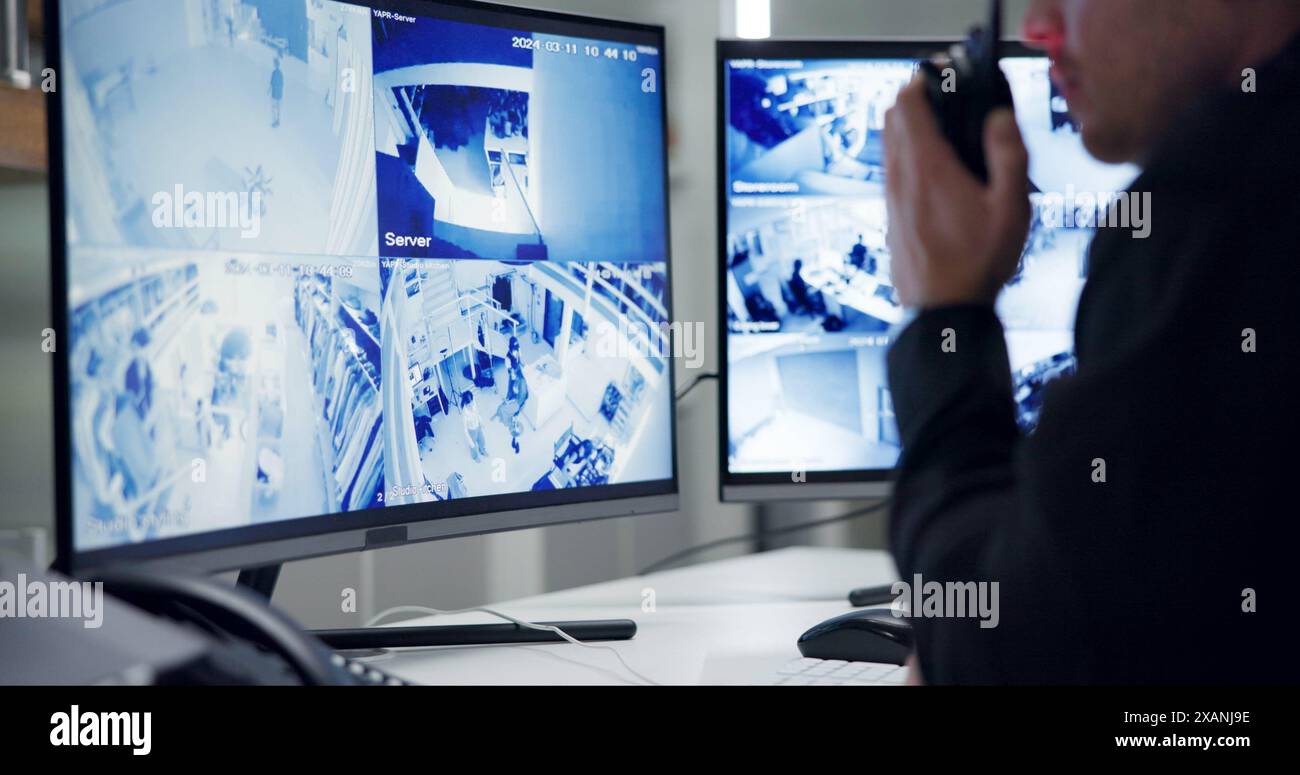 Male security guard, radio and speaking by cctv monitor for protection ...