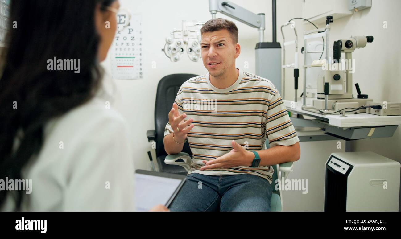 Doctor, ophthalmologist and consultation with man in clinic or angry ...