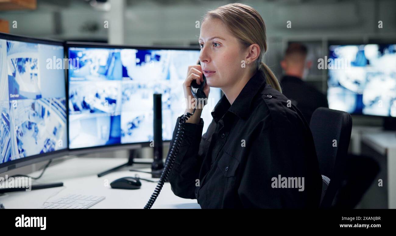 Communication, security and woman with telephone, monitor and watch of ...