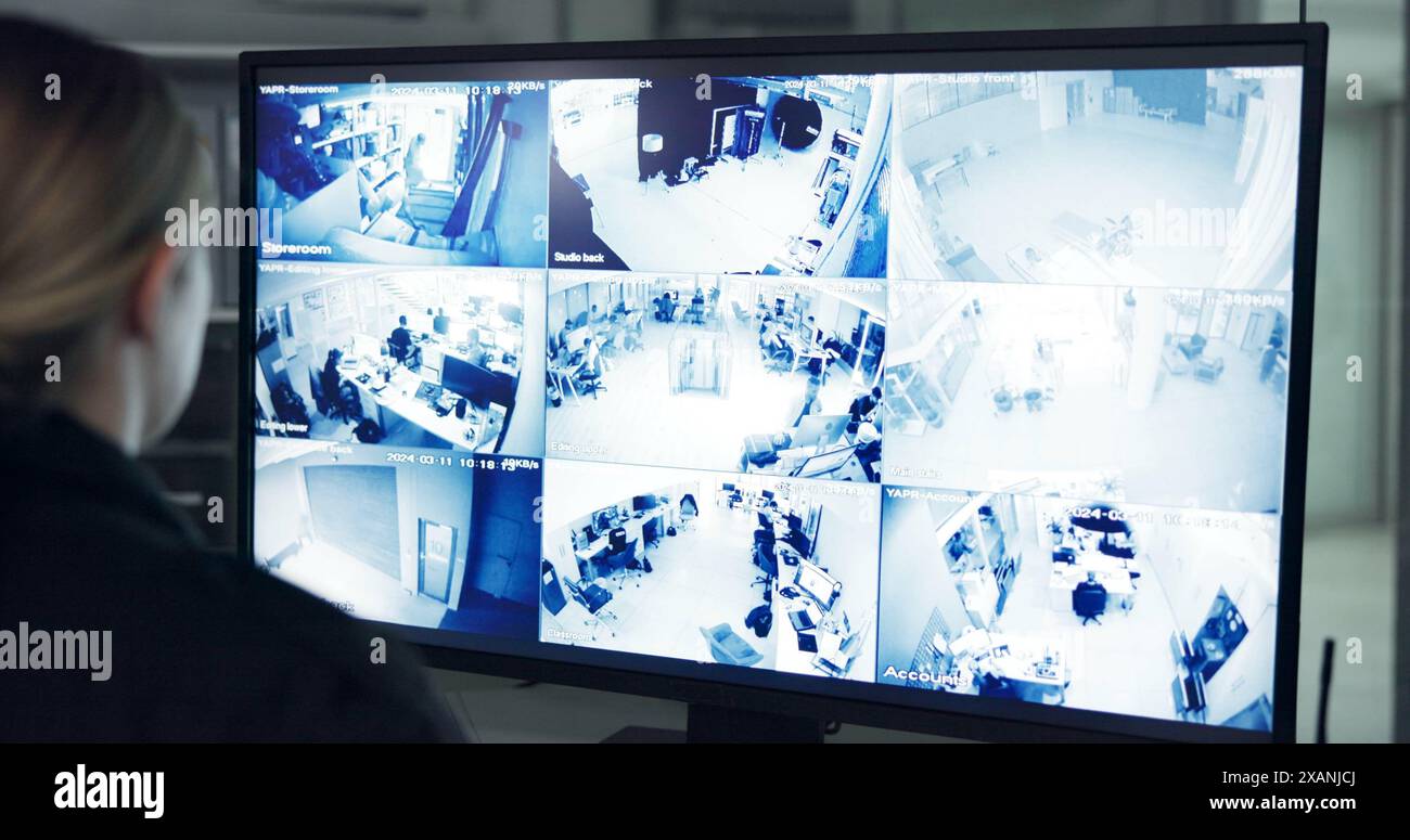 Security guard, inspection and woman by cctv monitor for protection ...