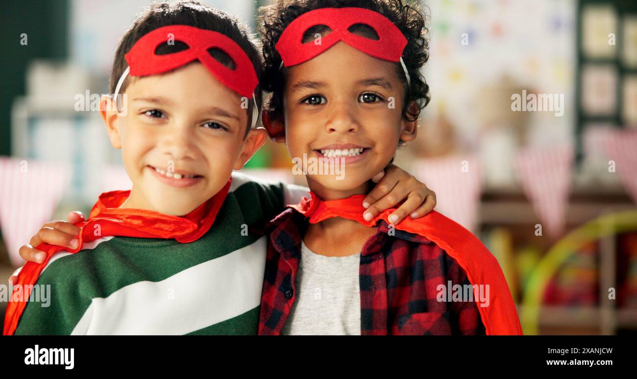 Happy boy, portrait and friends with hug in costume for cosplay ...