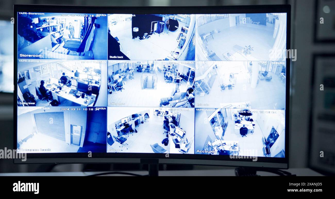 Security, business and computer with screen, control room and monitor ...