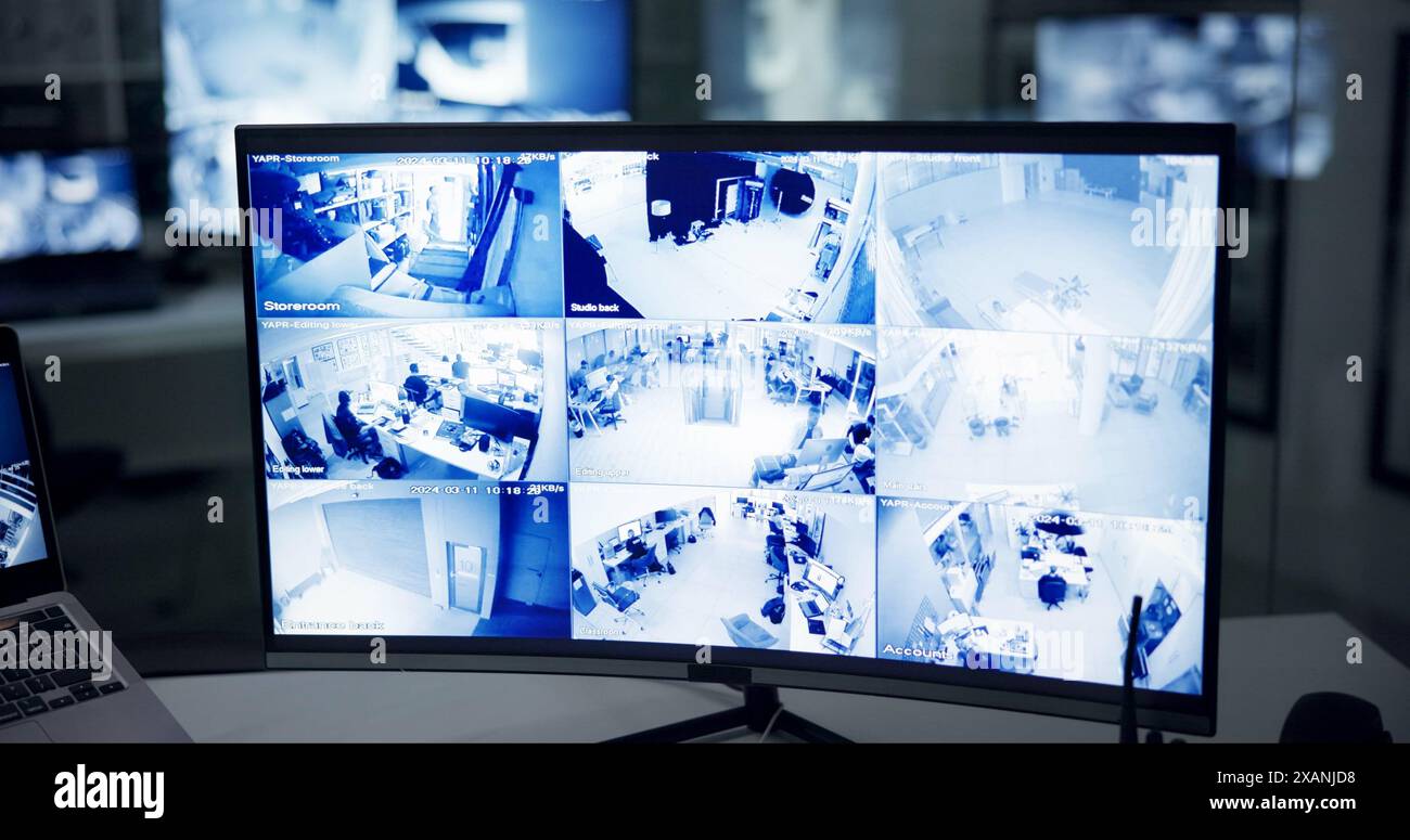 Security, business and computer with split screen, control room and ...