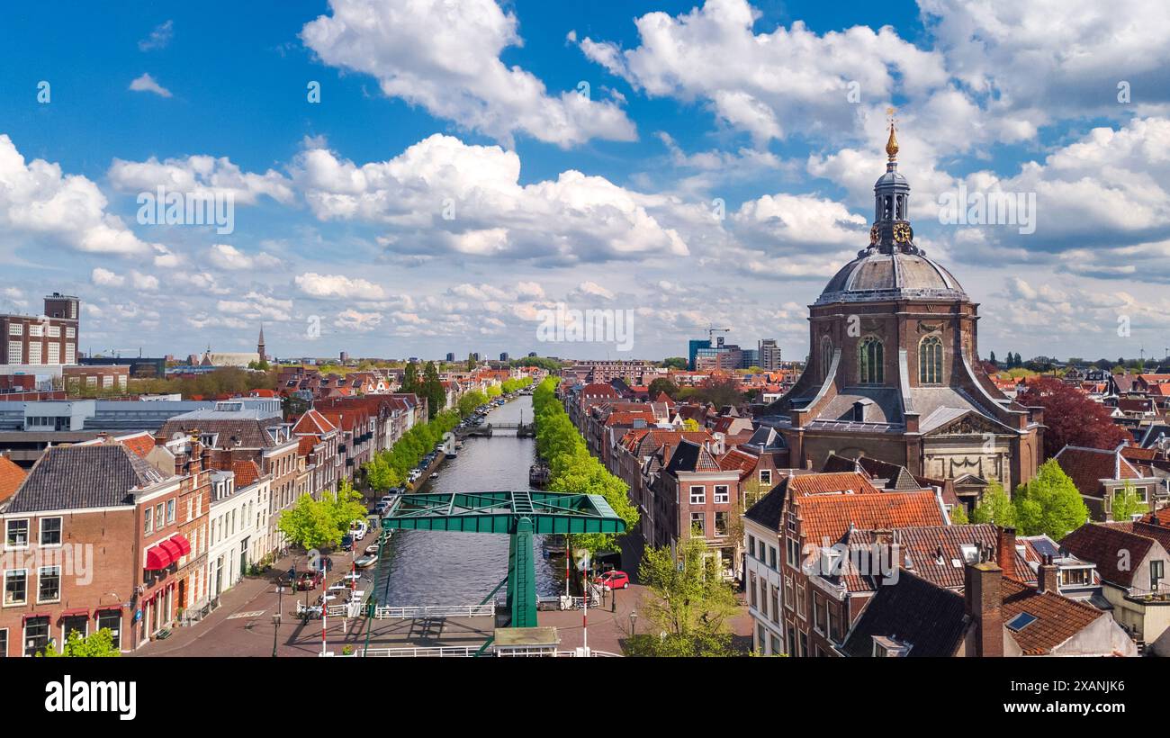 Aerial drone view of Leiden town from above, typical Dutch city skyline ...