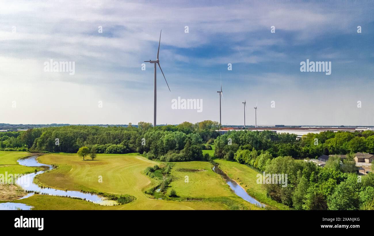 Windmill park or farm aerial drone view, wind mill turbines for ...