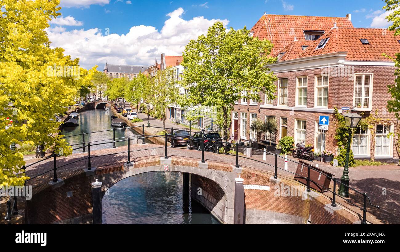 Aerial drone view of Leiden town from above, typical Dutch city skyline ...