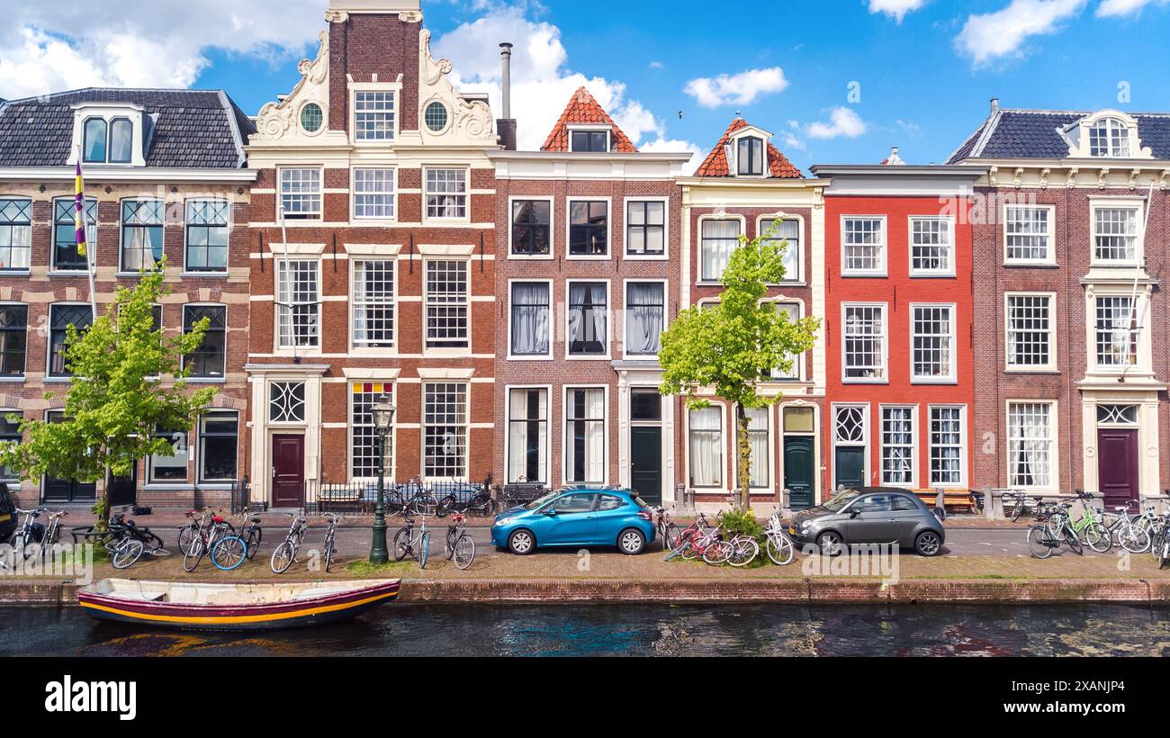 Aerial drone view of Leiden town from above, typical Dutch city skyline ...