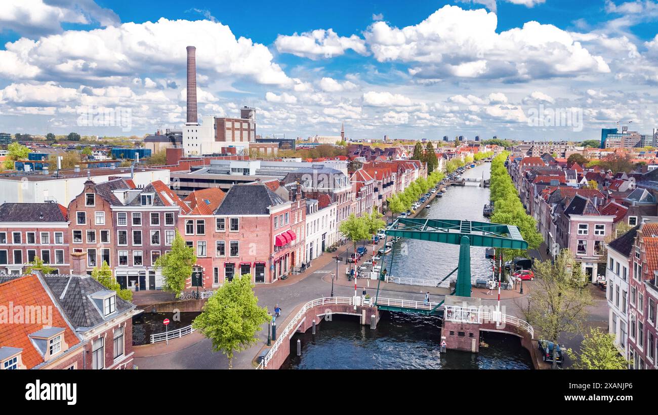 Aerial drone view of Leiden town from above, typical Dutch city skyline ...