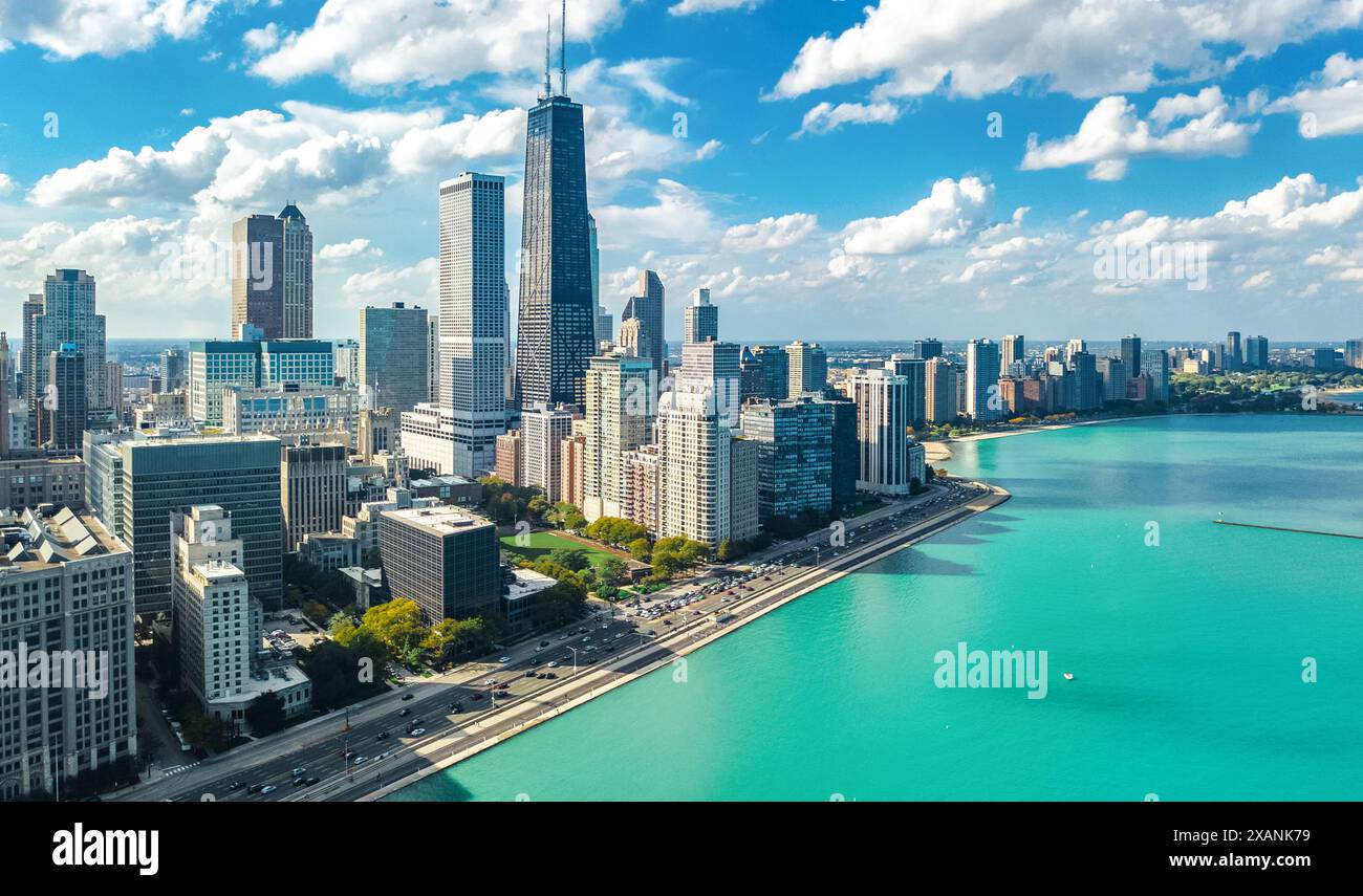 Chicago skyline aerial drone view from above, city of Chicago downtown ...