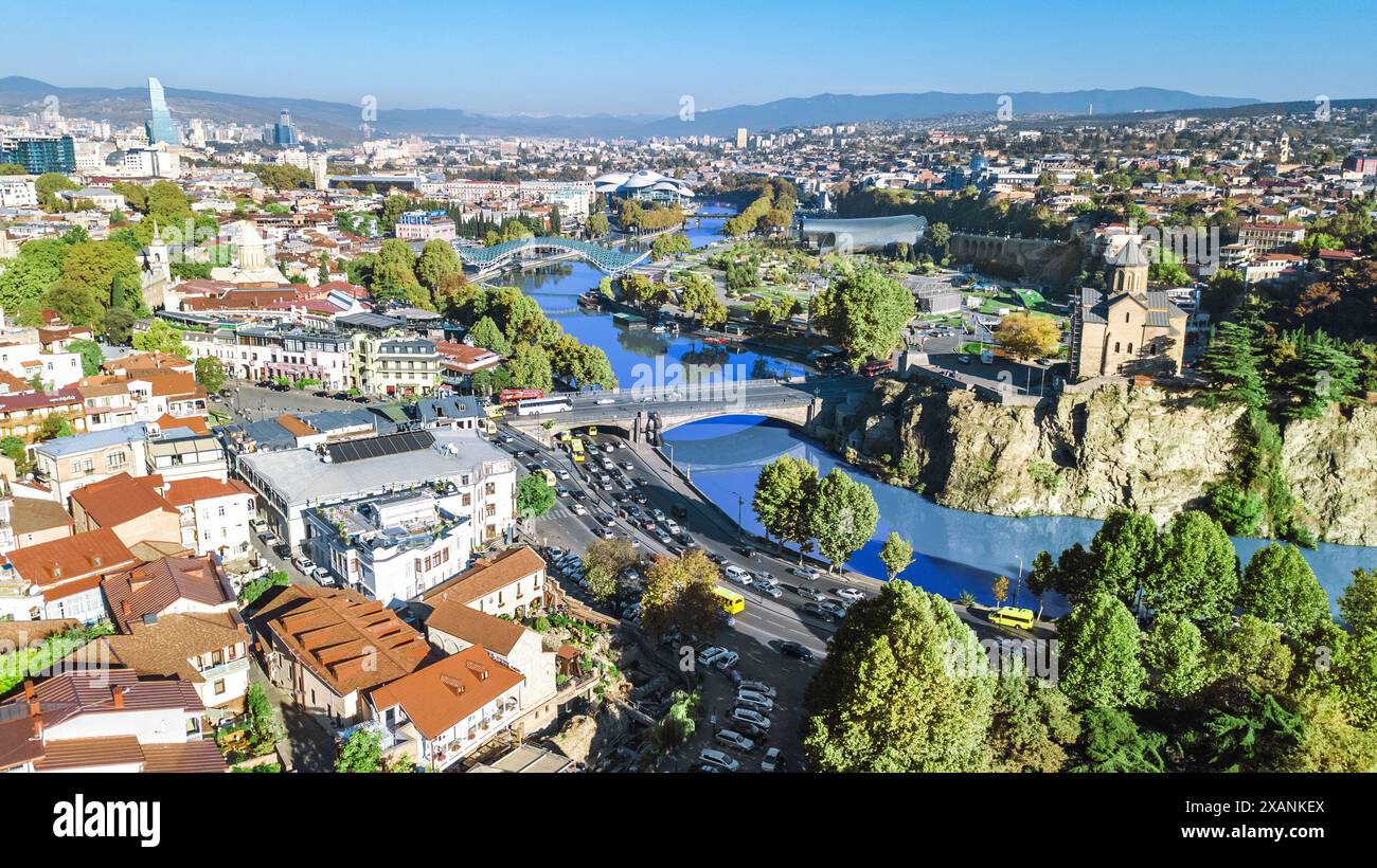 Tbilisi skyline aerial drone view from above, Kura river and old town ...