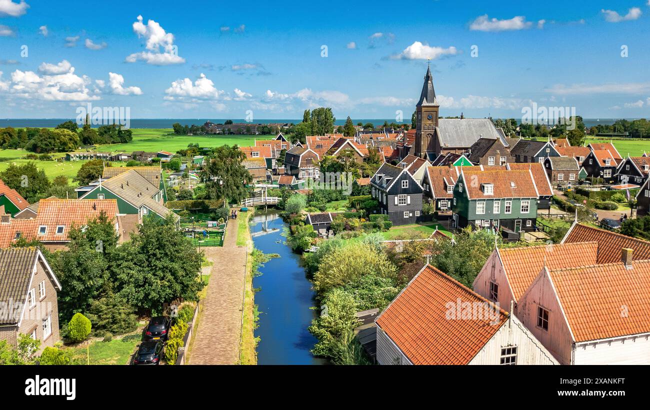 Aerial drone view of Marken island, traditional fisherman village from ...