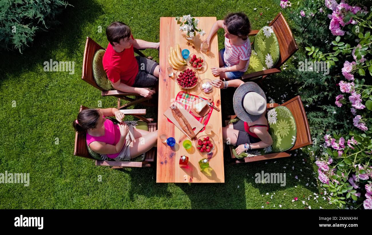 Family and friends eating together outdoors on summer garden party ...