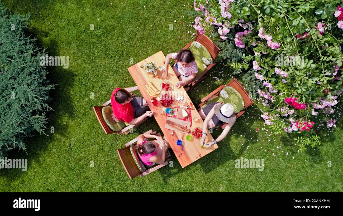 Family and friends eating together outdoors on summer garden party ...