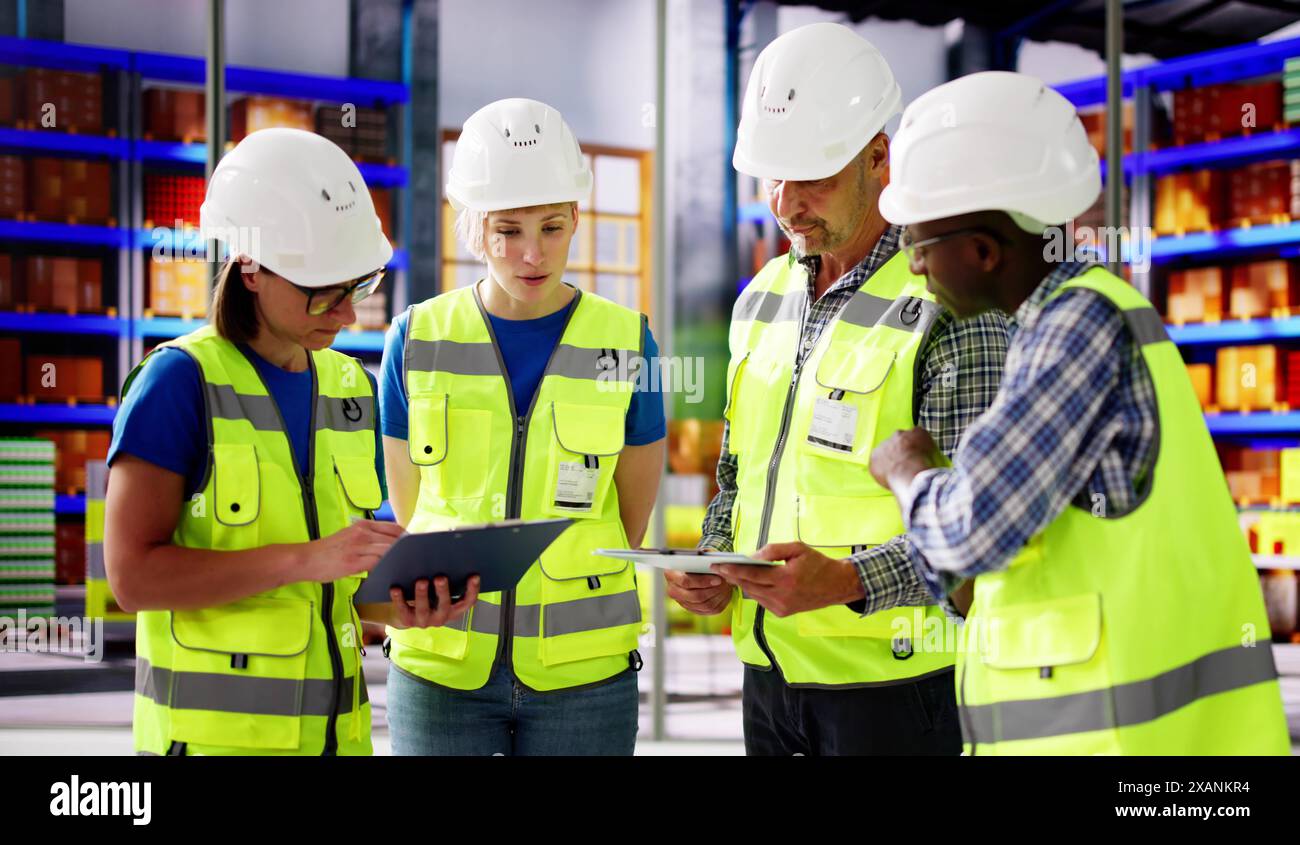 Factory Engineers Meeting. Checking Warehouse Facility. Modern ...