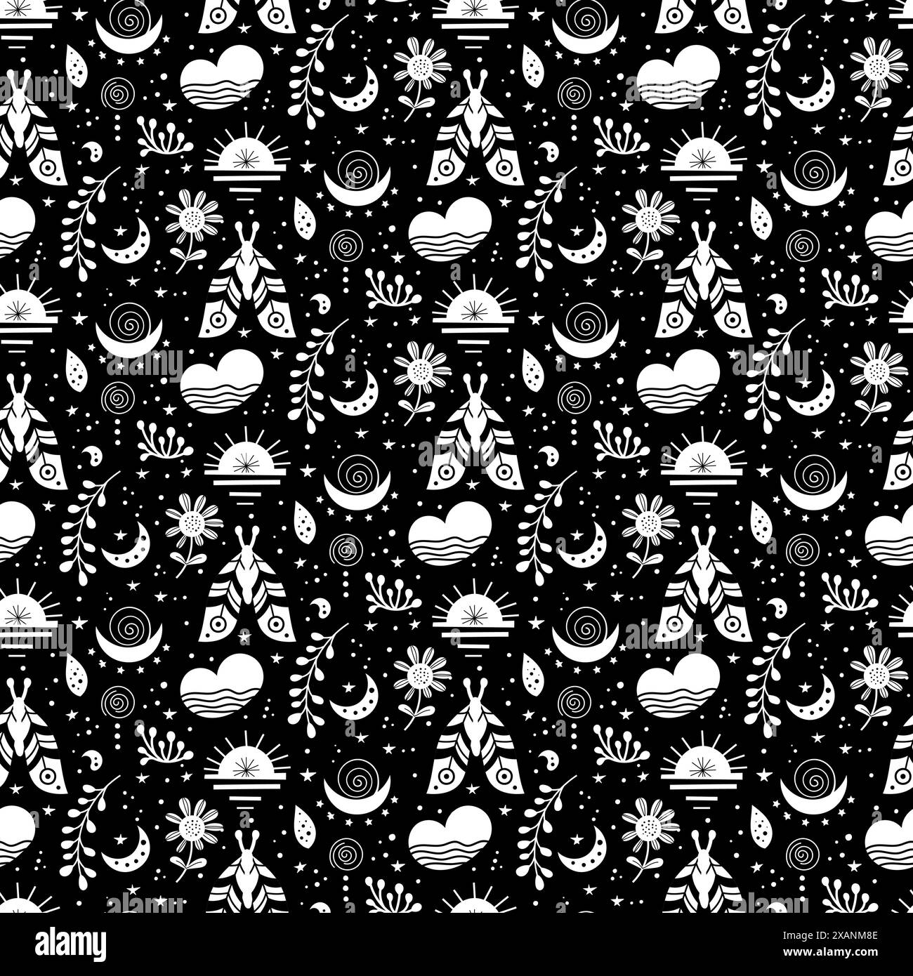 Seamless neo folk art vector pattern with butterfly, moth and flowers ...