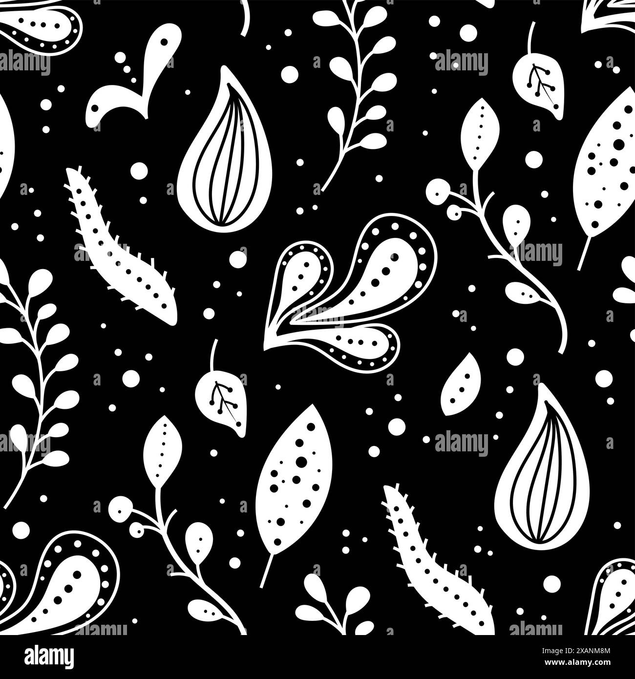 Seamless neo folk art vector pattern with flowers, black and white ...