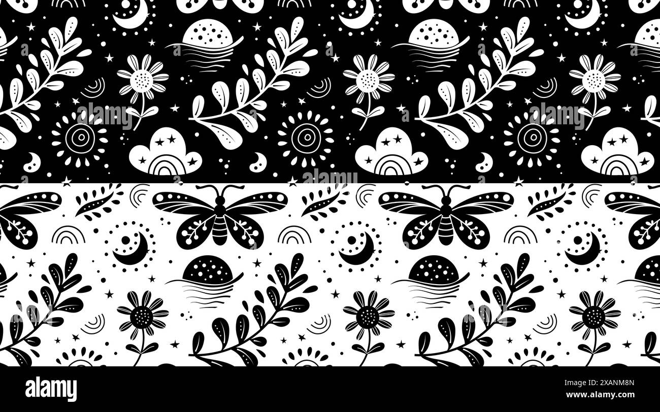 Seamless neo folk patterns set with butterfly, moth and flowers, black ...