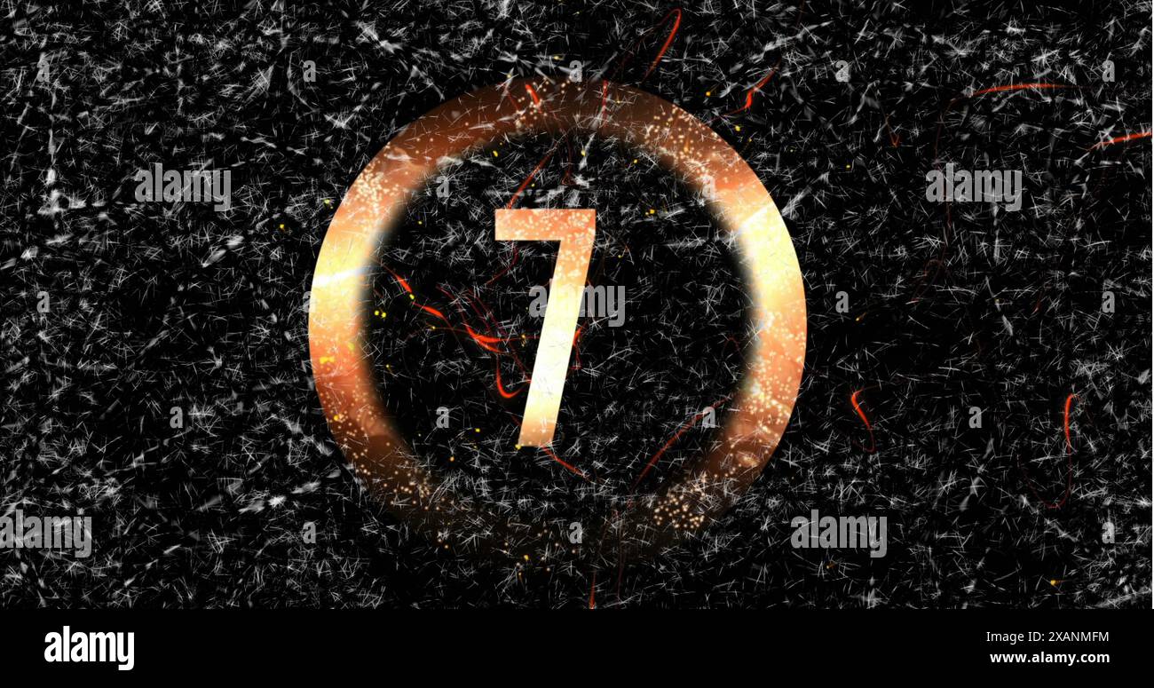 Large number seven glowing within circular frame against a dark ...