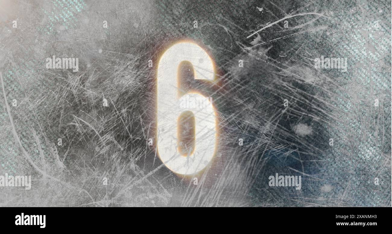 Large number six glowing in center of scratched and textured background ...