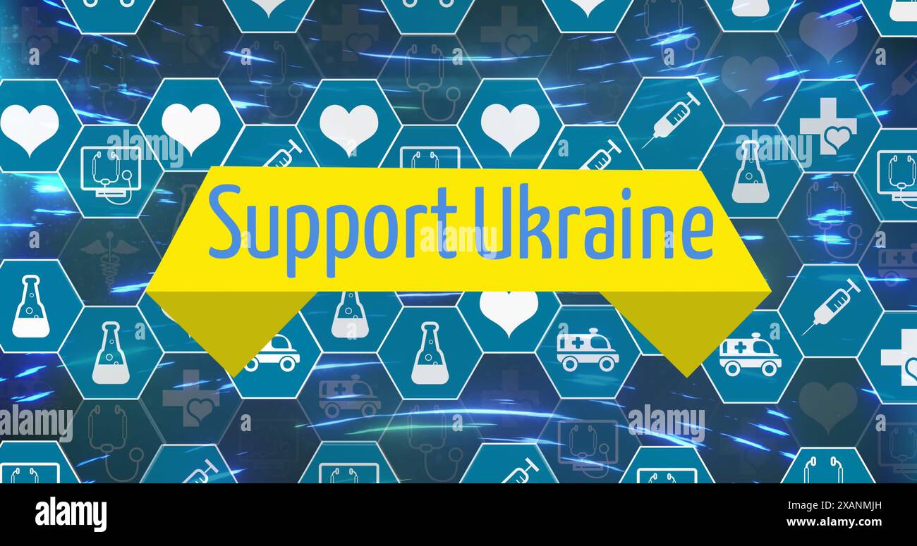 Image of support ukraine over hexagons with icons and blue lights ...