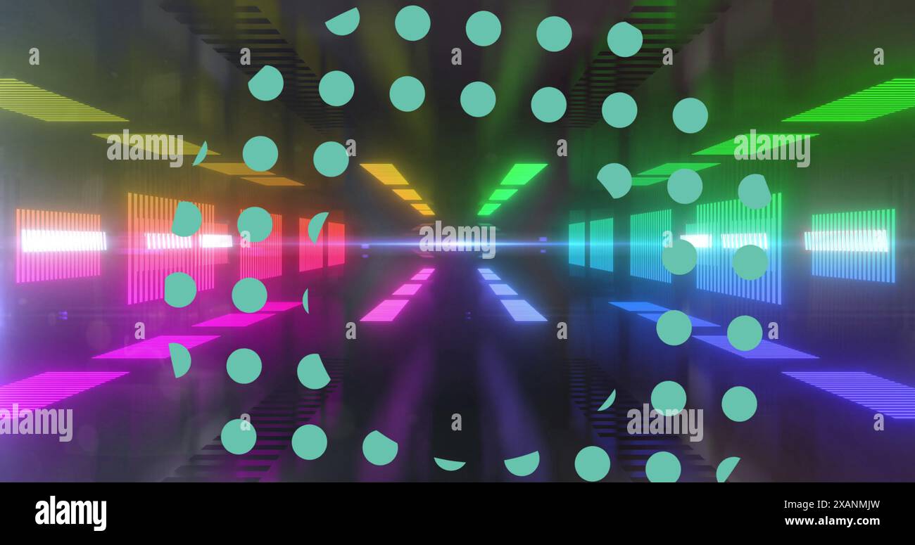 Image of green dots over neon lights in black space Stock Photo - Alamy