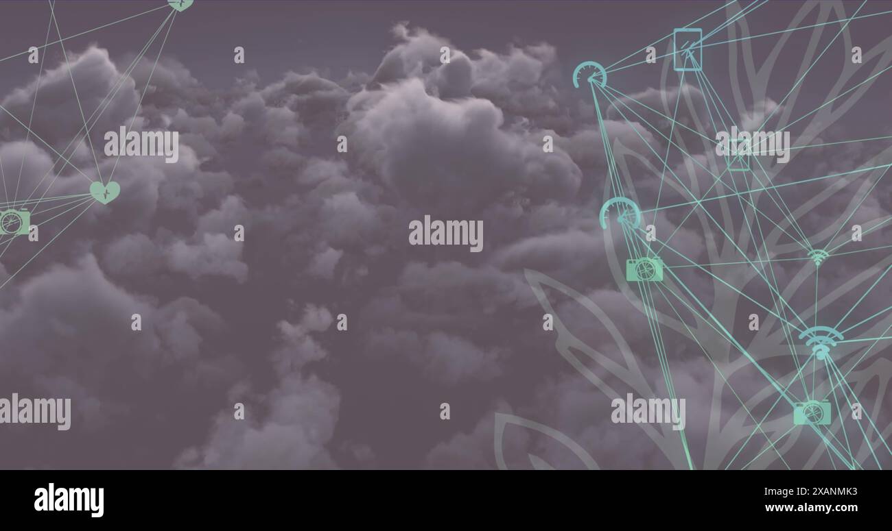 Image of icons and connections over sky with clouds, copy space Stock ...