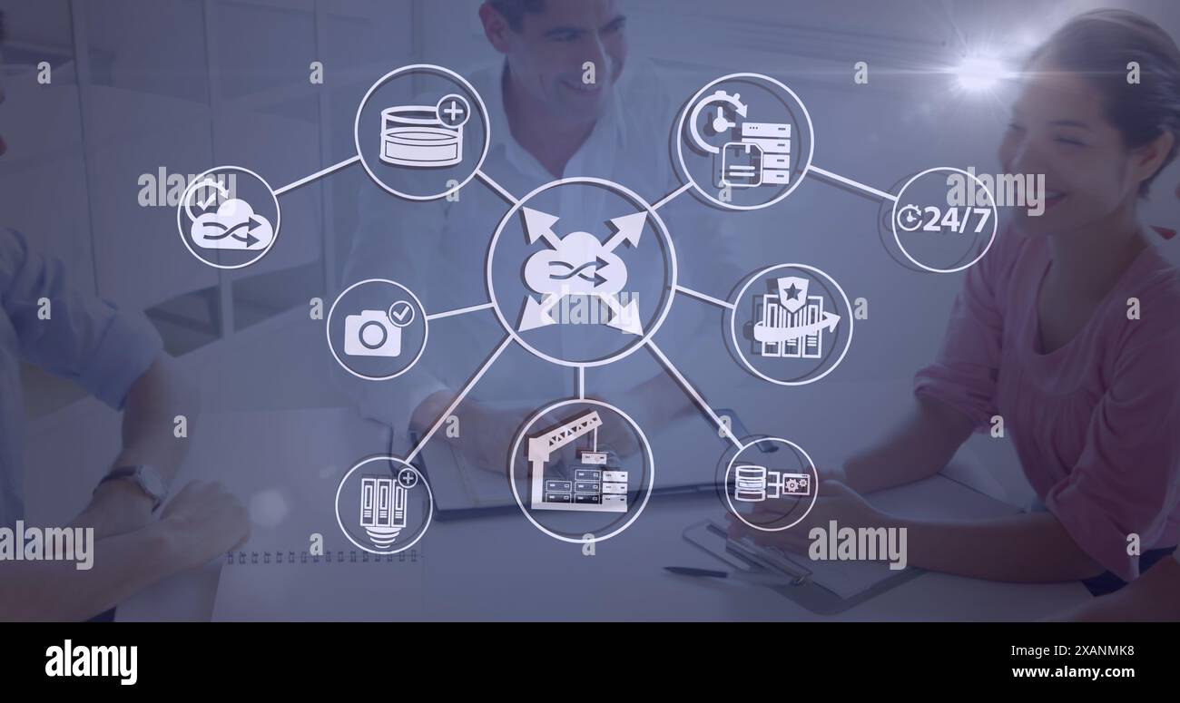Animation business people icons over hi-res stock photography and ...