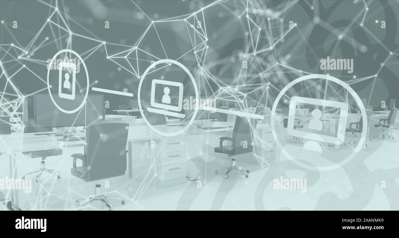 Image of icons and connections over grey desks in office, copy space ...