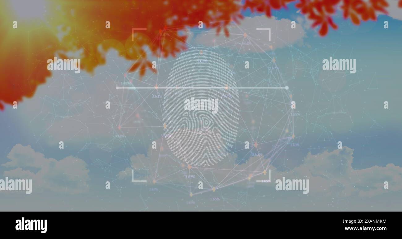 Image of connections over fingerprint scanning over sky and foliage ...